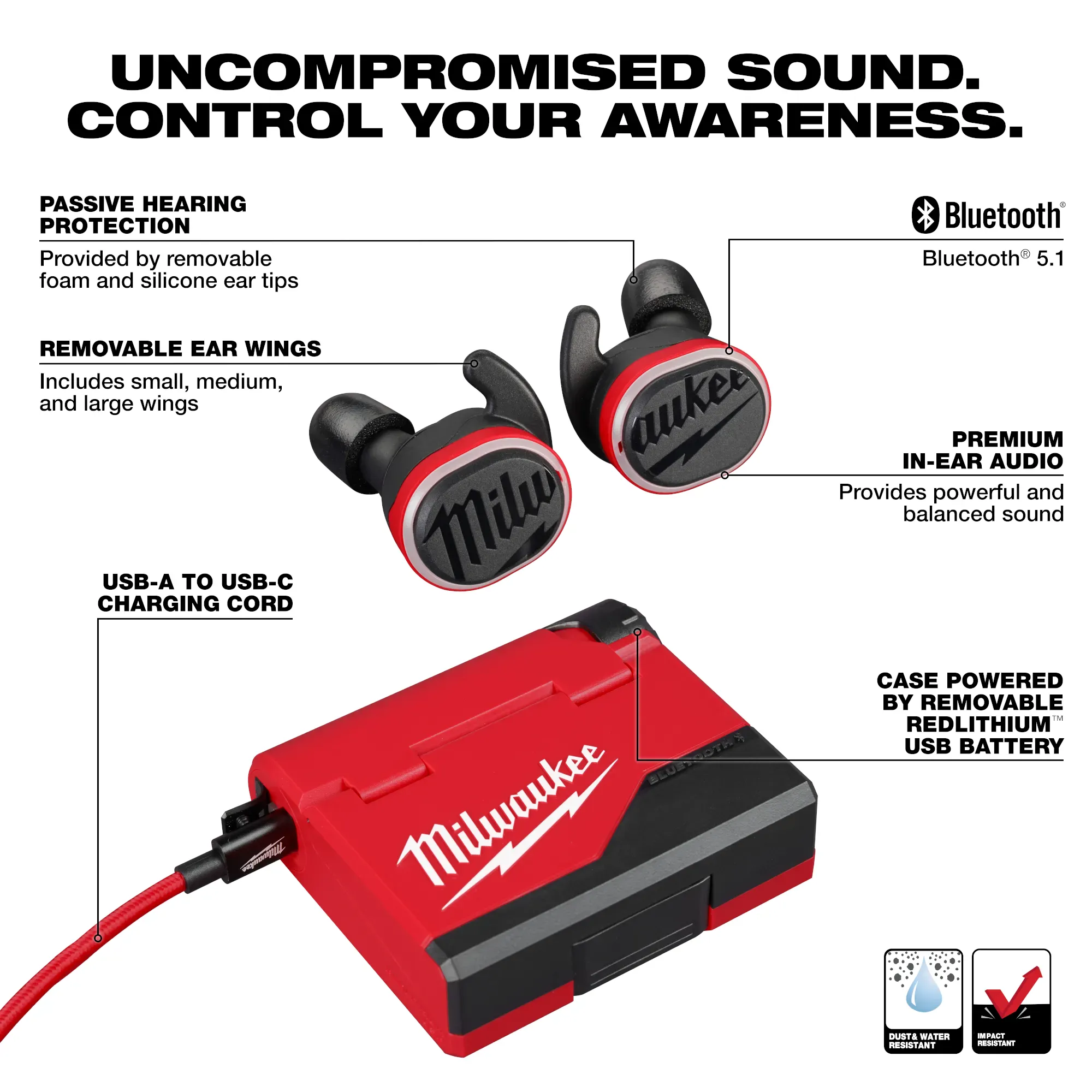 Milwaukee REDLITHIUM USB Bluetooth Jobsite Ear Buds - GME Supply